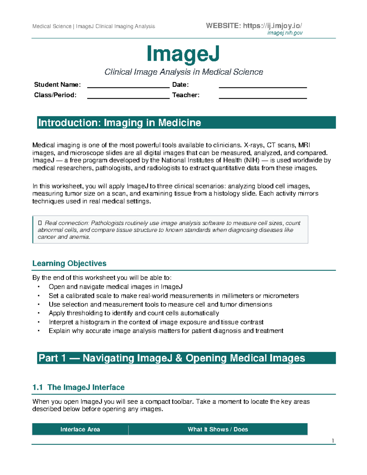 ImageJ Clinical Imaging Analysis Worksheet for Medical Science (MS 101 ...