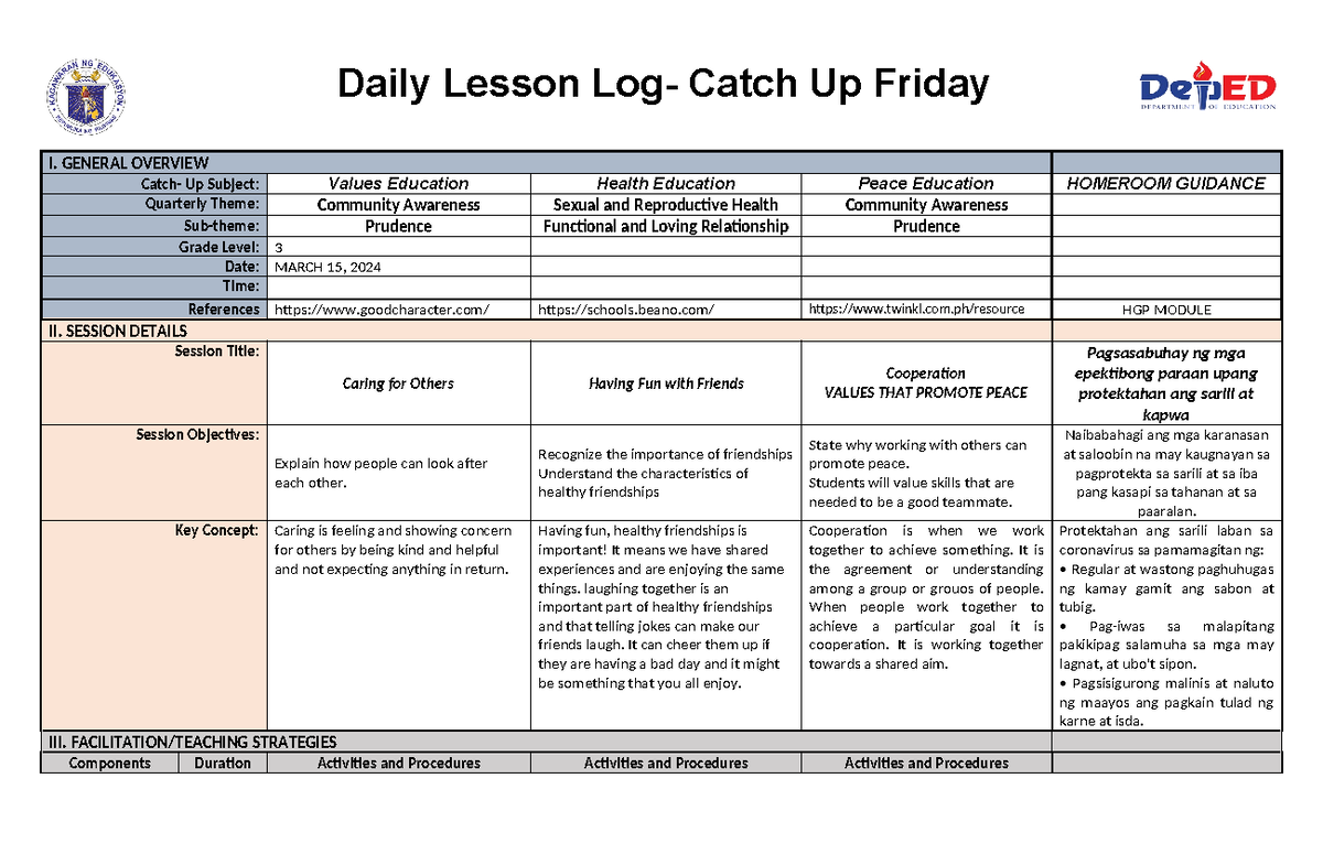 Values Education HGP: Caring for Others Lesson Plan - Grade 3 - Studocu