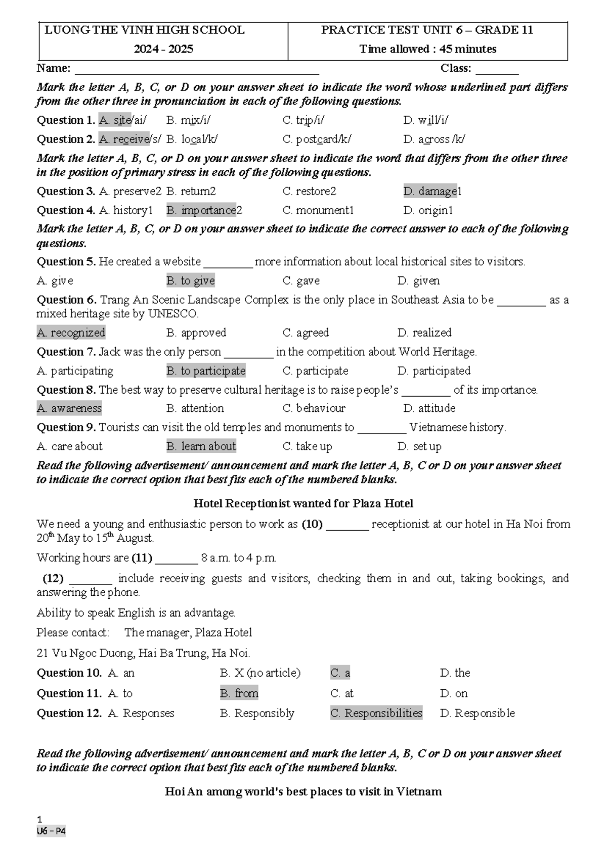 U6 P4 G11 Practice Test: Cultural Heritage & Language Skills - Studocu