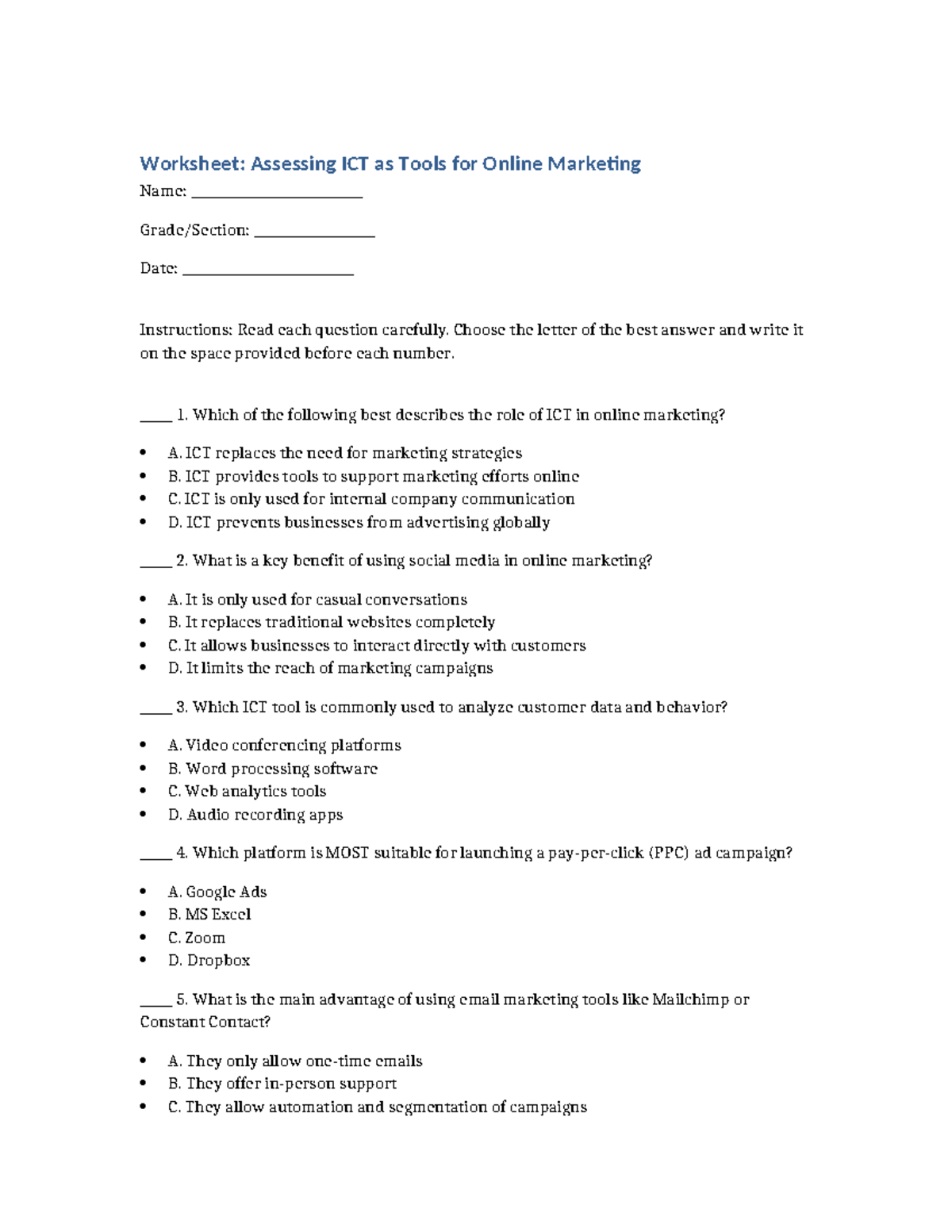 ICT Online Marketing Worksheet: Assessing ICT Tools for Marketing - Studocu