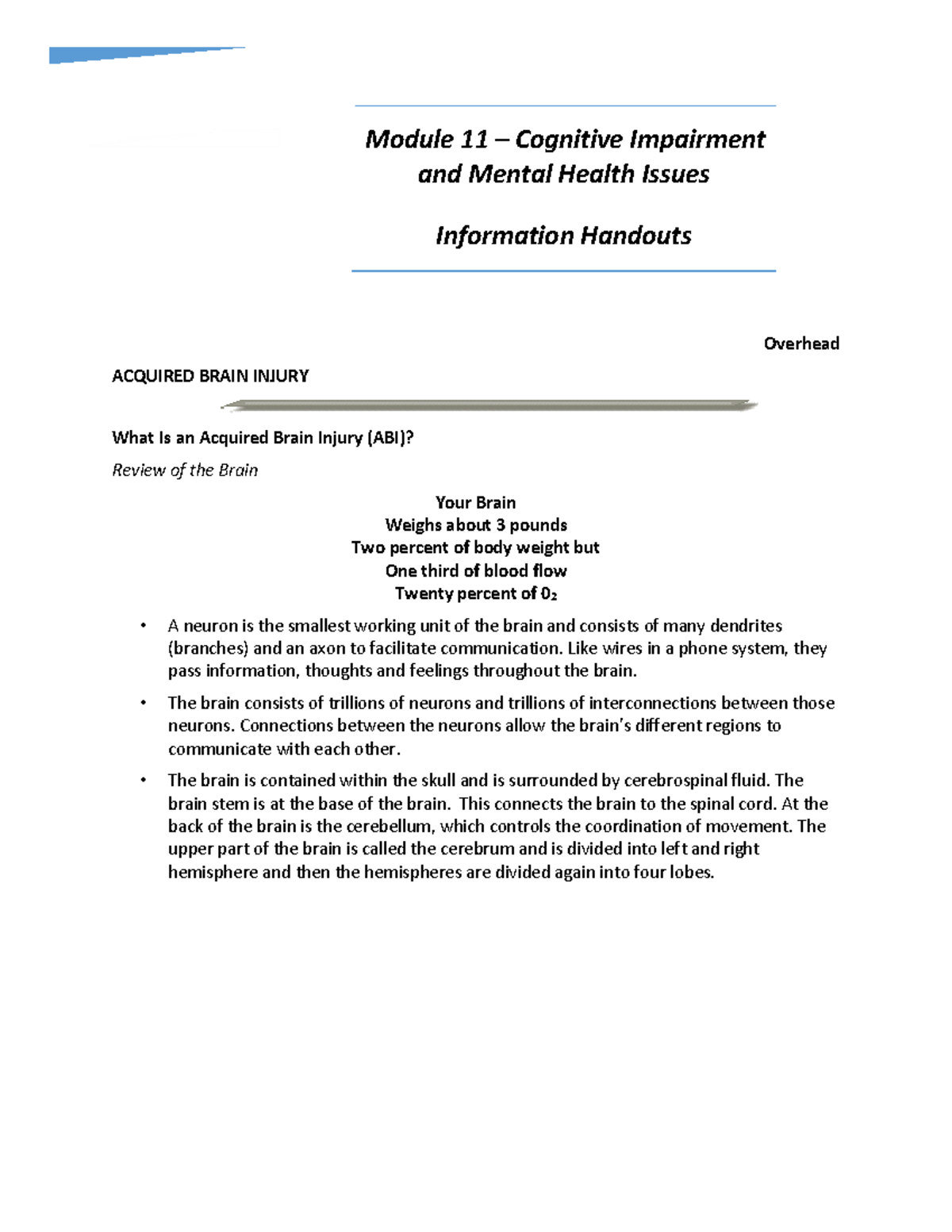 Module 11 Handouts: Understanding Acquired Brain Injury Overview - Studocu