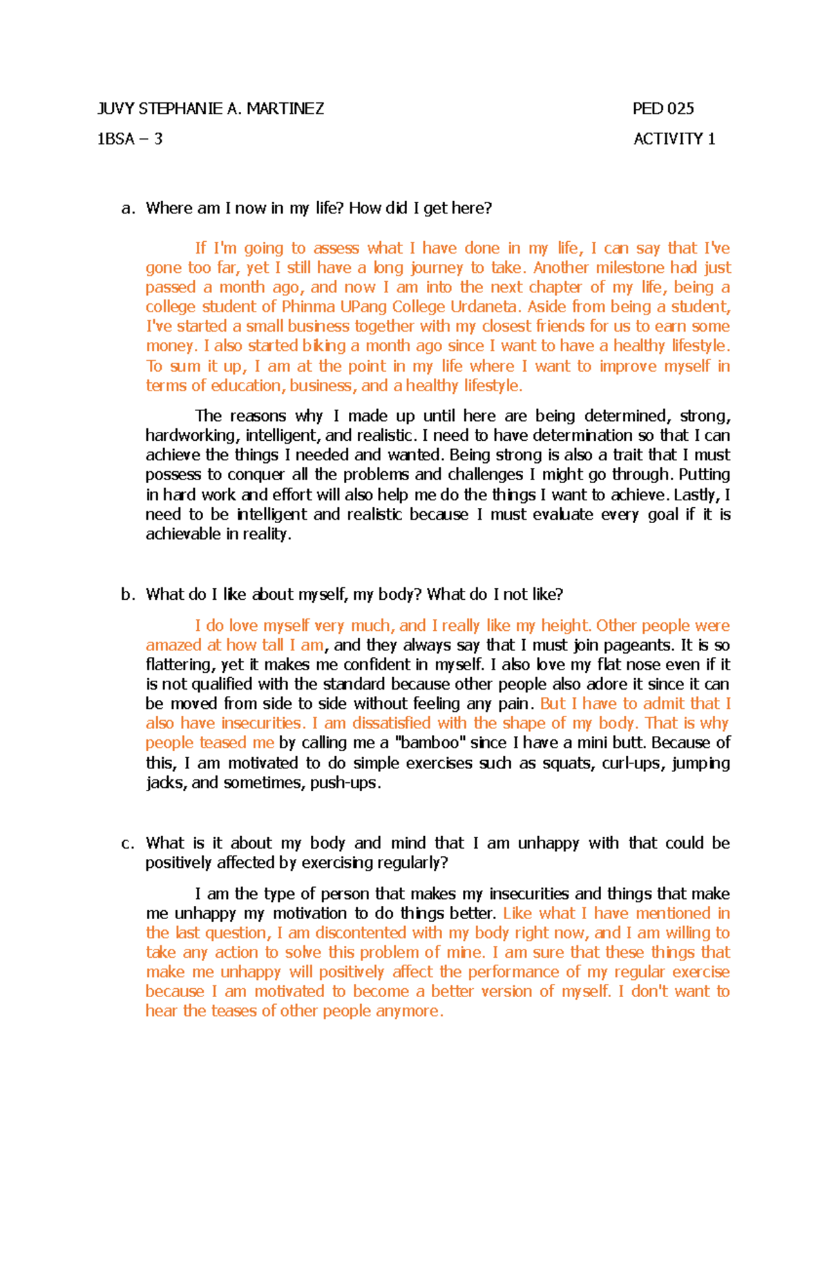 PED-025- Questions - PE essays. - JUVY STEPHANIE A. MARTINEZ PED 025 ...