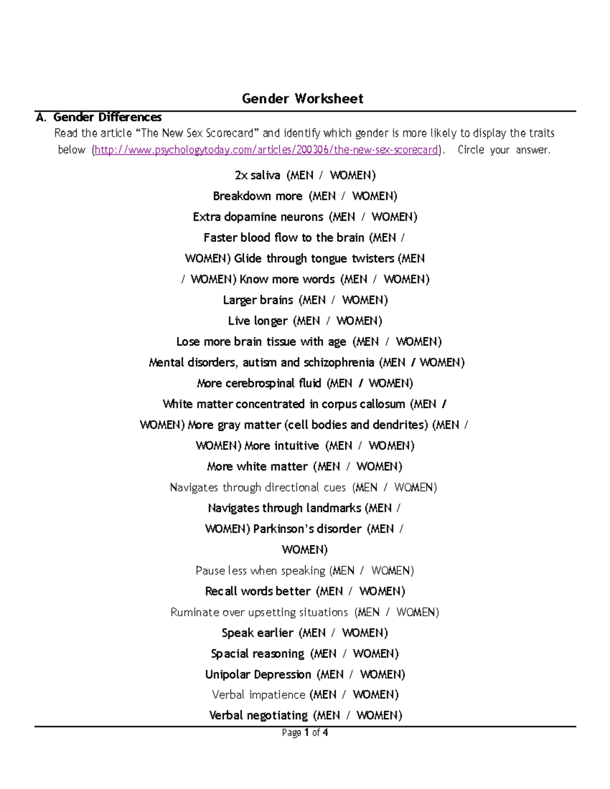 Worksheet Gender - Assignment. - Page 1 of 4 A. Gender Differences Read ...
