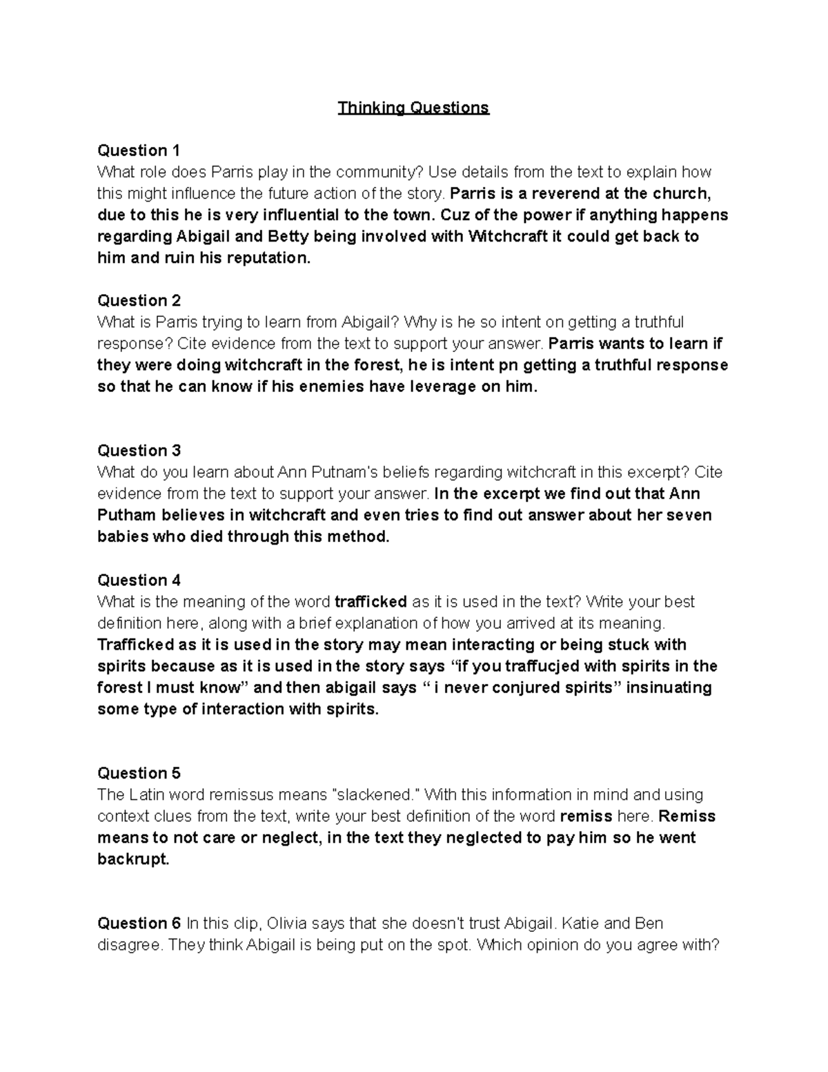 The Crucible (ENG101) Critical Thinking Questions and Analysis - Studocu