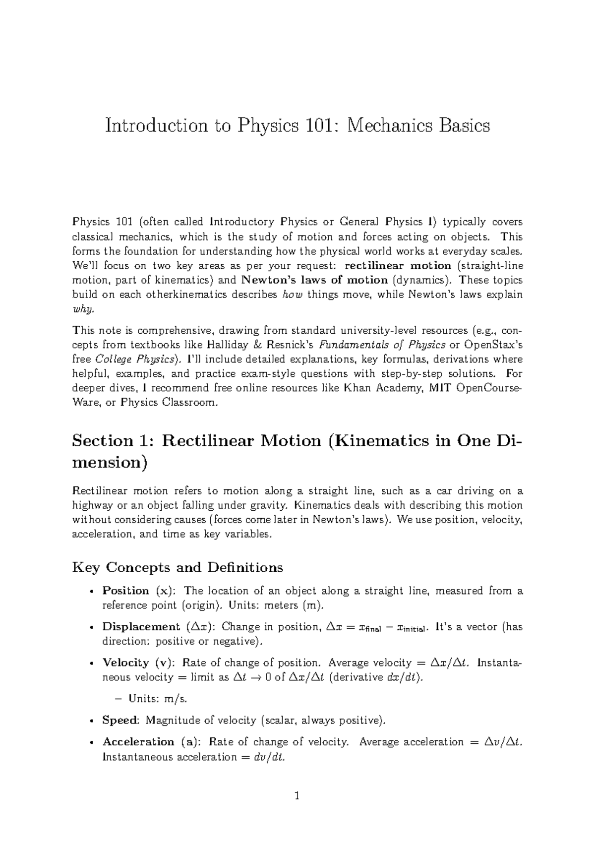 Introduction to Physics 101: Mechanics and Kinematics Overview - Studocu
