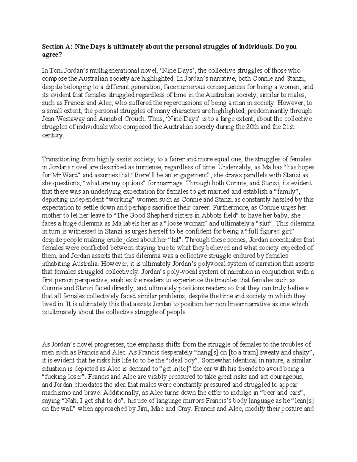 VCE English - Exam Response: Collective Struggles in Toni Jordan's ...