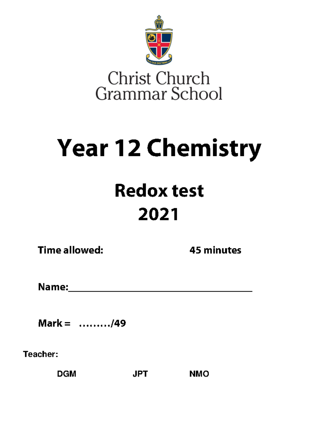 Y12 Chemistry Redox Test 2021 - Year 12 Chemistry Redox test 2021 Time ...