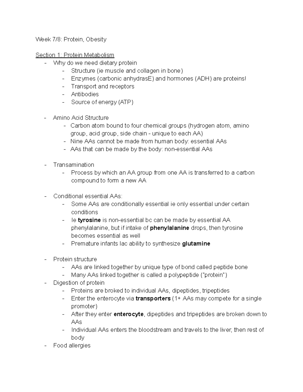 NFS284 - Lecture Notes on Protein Metabolism & Obesity (Weeks 6-13 ...
