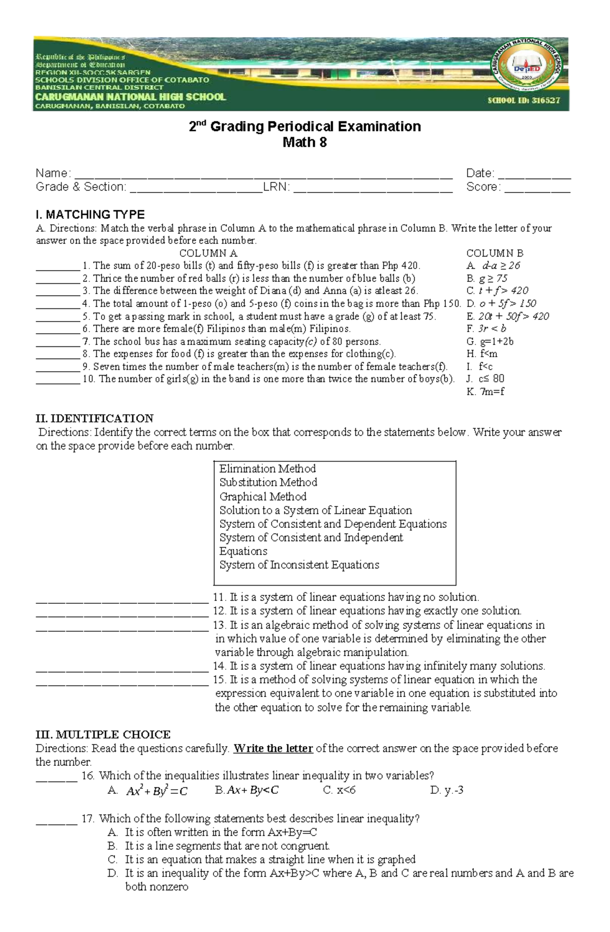 2nd Grading Periodical Exam in Math 8 - Comprehensive Review - Studocu