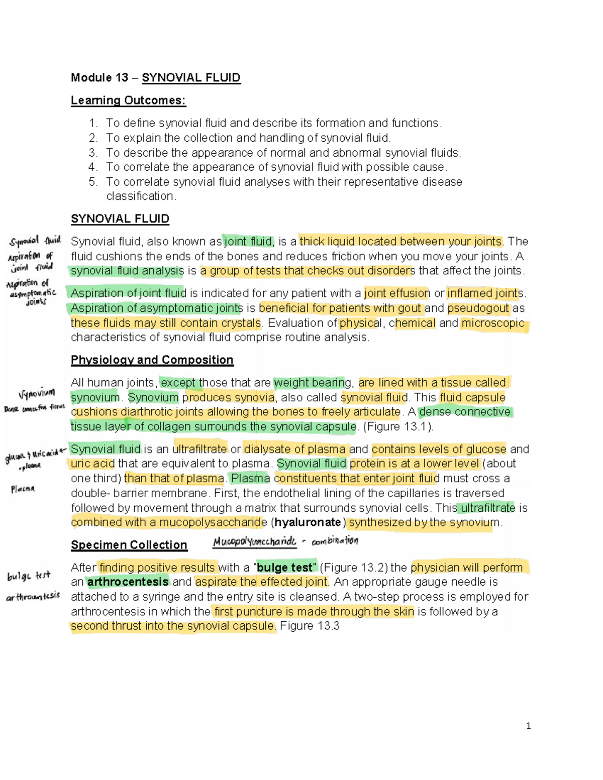 Module 13 – Synovial Fluid Analysis and Handling - Studocu