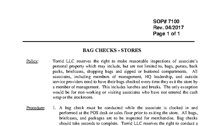 SOP# 7100: Torrid LLC Bag Checks Policy & Procedures for Associates ...
