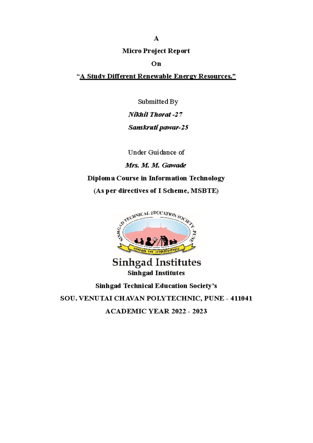 Micro Project Report on Renewable Energy Resources (Diploma IT 22447 ...