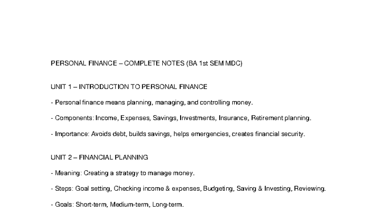BA 1st SEM MDC Personal Finance Complete Notes: Units 1-6 Overview ...