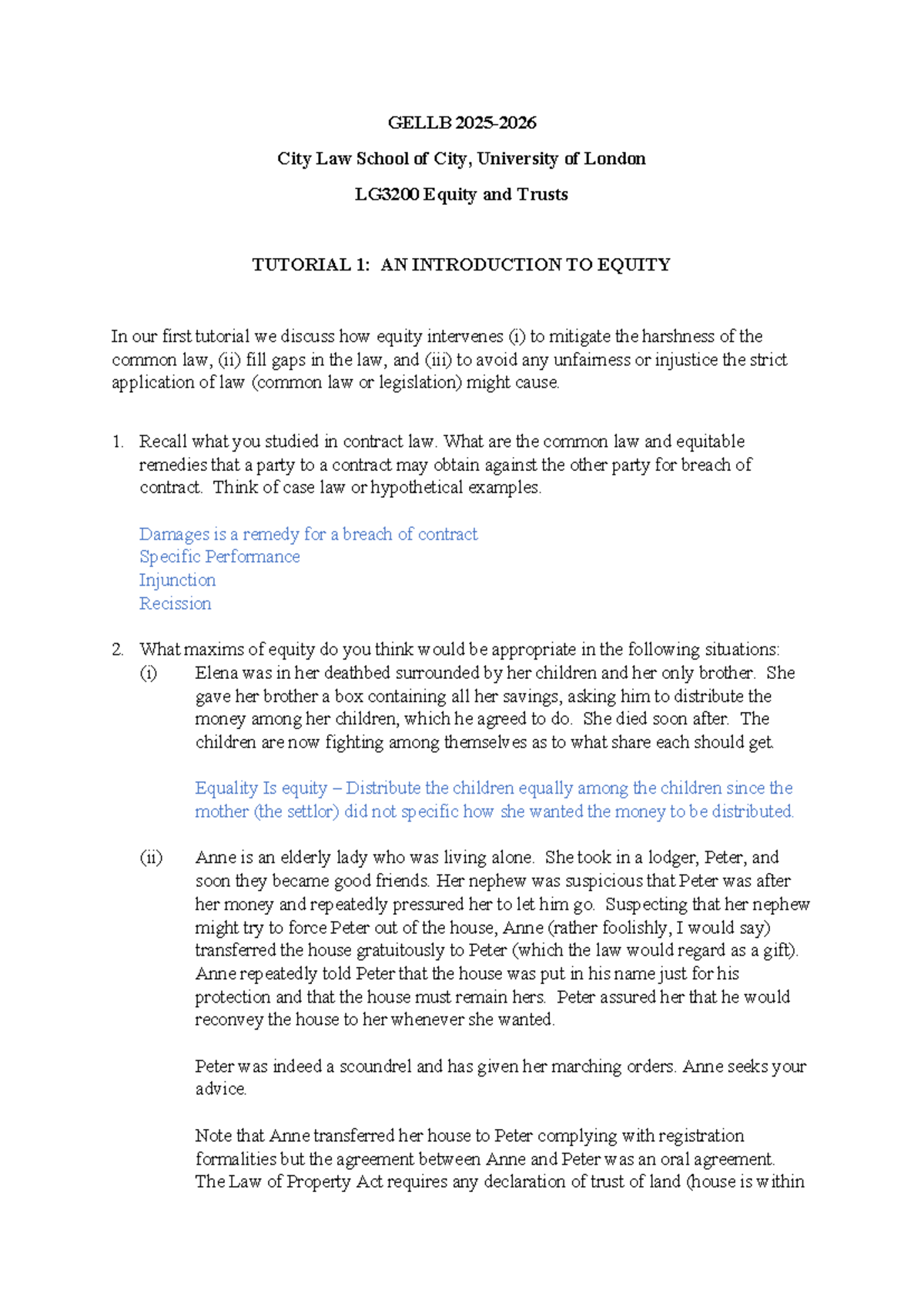 GELLB LG3200 Equity and Trusts Tutorial 1: Intro to Equity Concepts ...