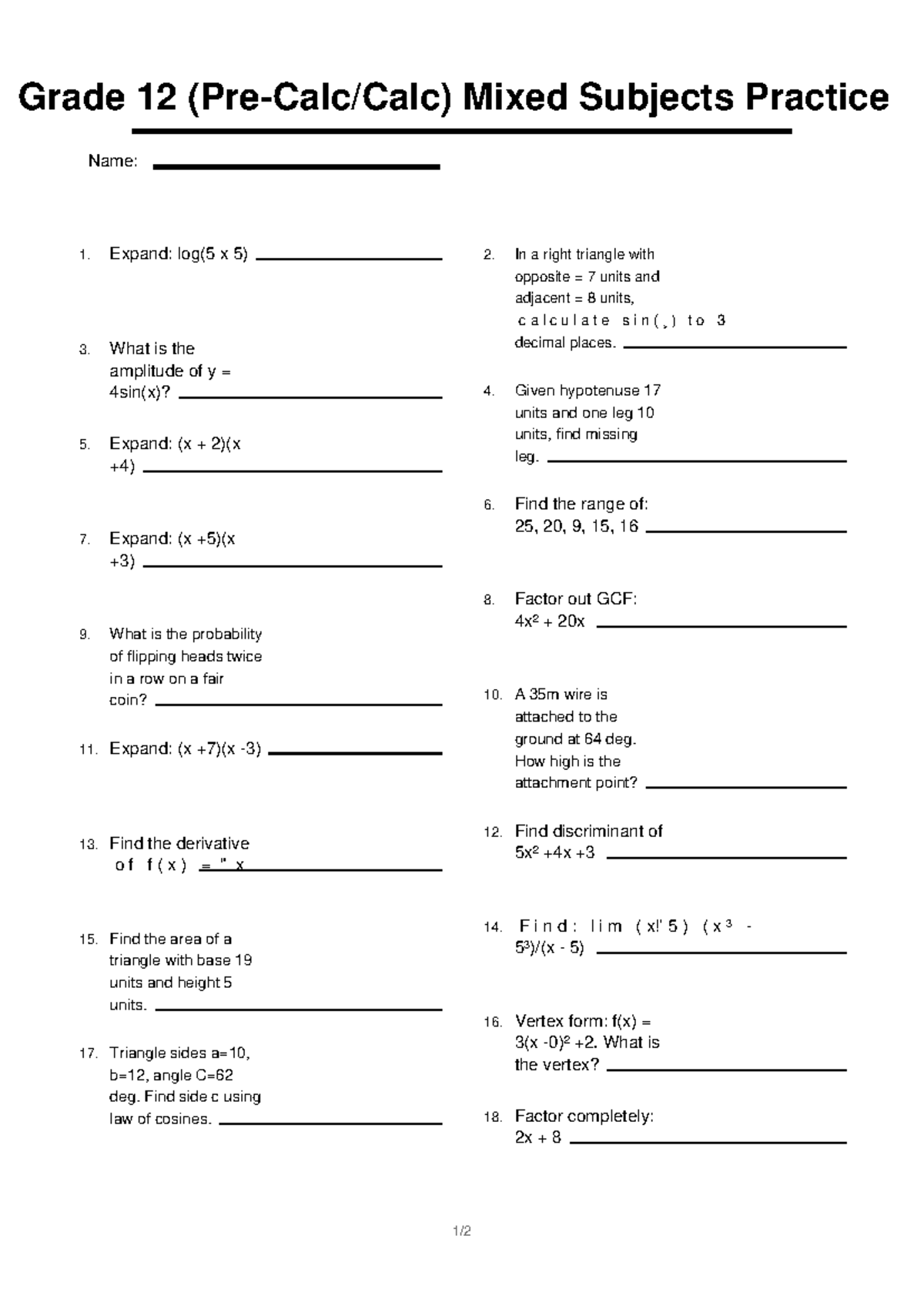 Grade 12 (Calc) Mixed Subjects Practice Problems - Studocu