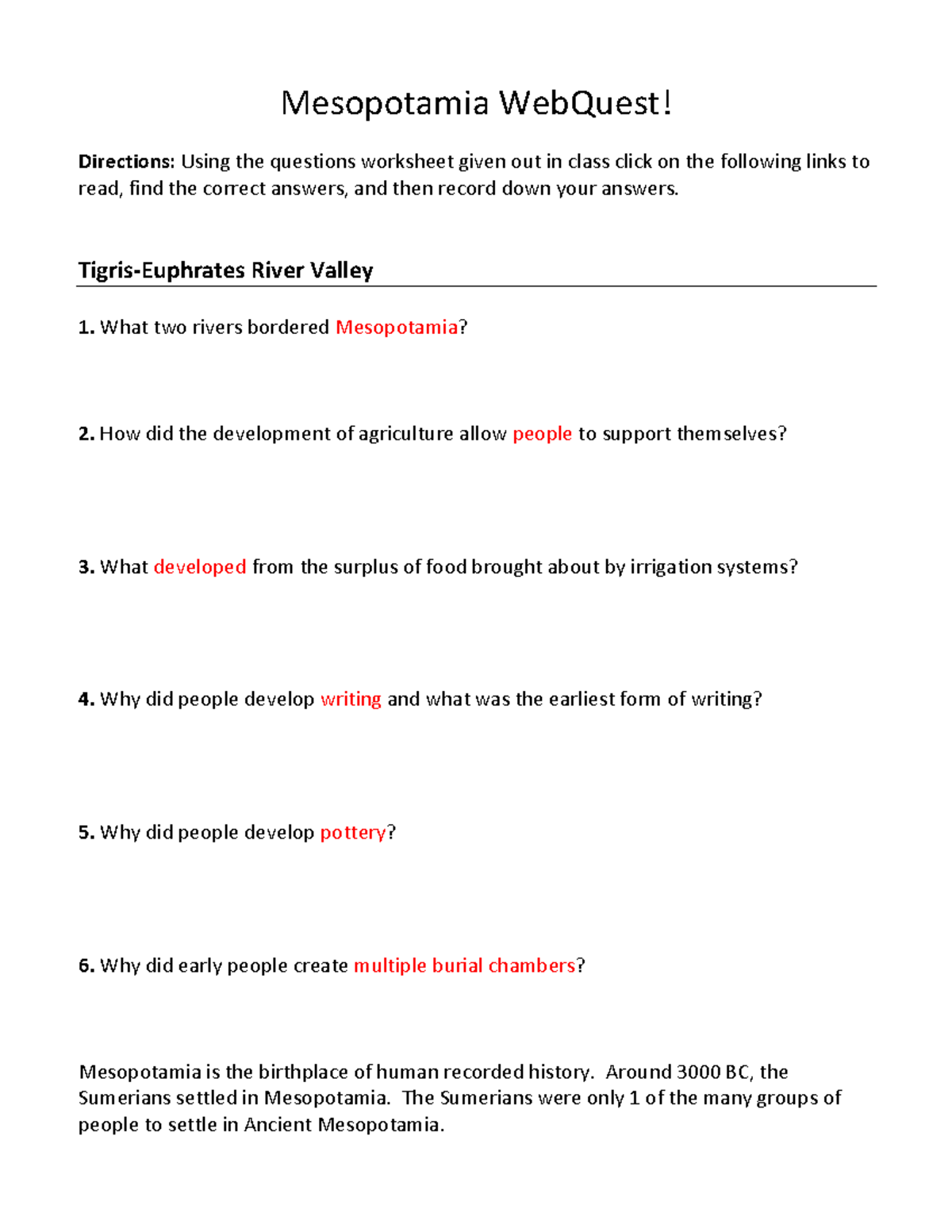 Mesopotamia WebQuest: Exploring Ancient Civilizations and Innovations ...