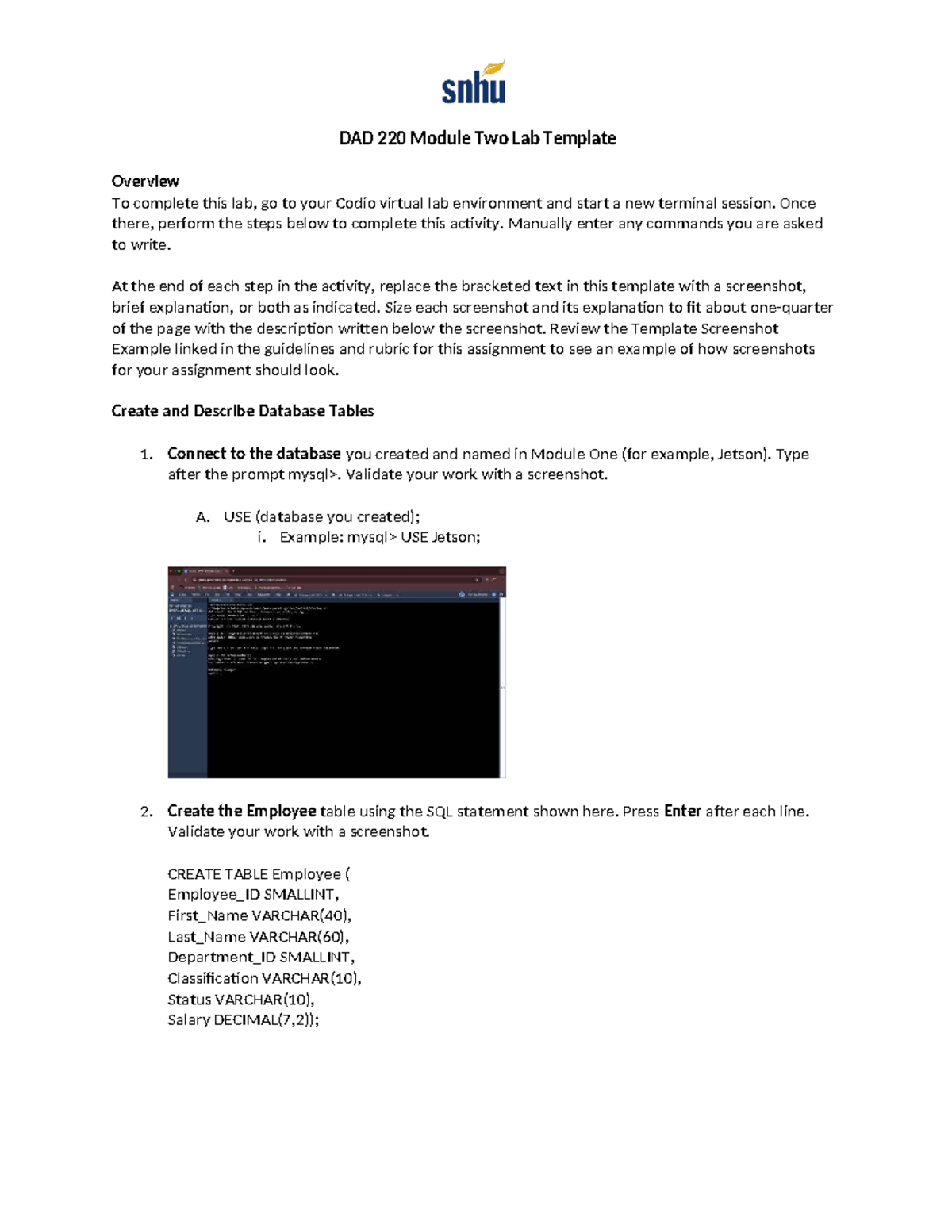 DAD 220 Module Two Lab: Database Tables Creation & Description Guide - Studocu