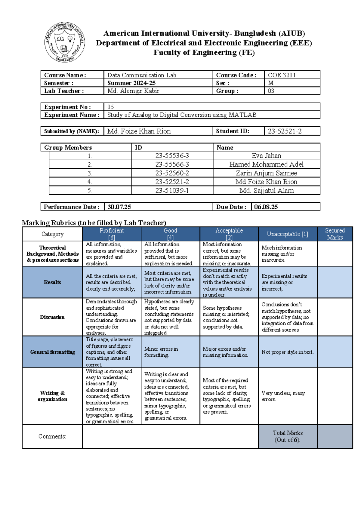 Data Communication Lab Report 5: Analog to Digital Conversion Using ...