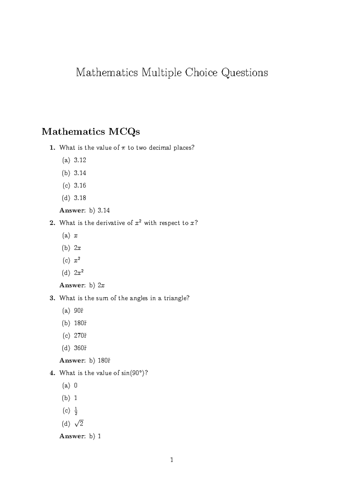 Mathematics MCQs for Course F356: Multiple Choice Questions - Studocu