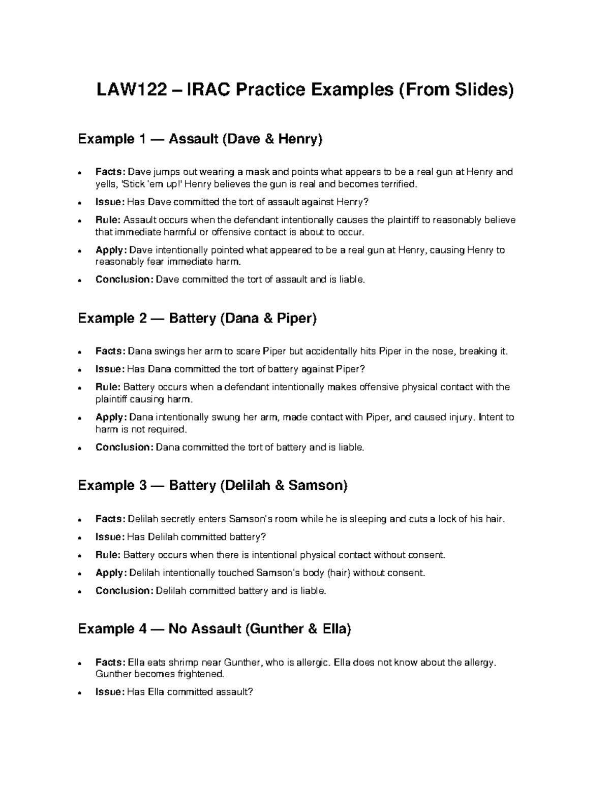 LAW122 IRAC Practice Examples: Assault & Battery Cases - Studocu