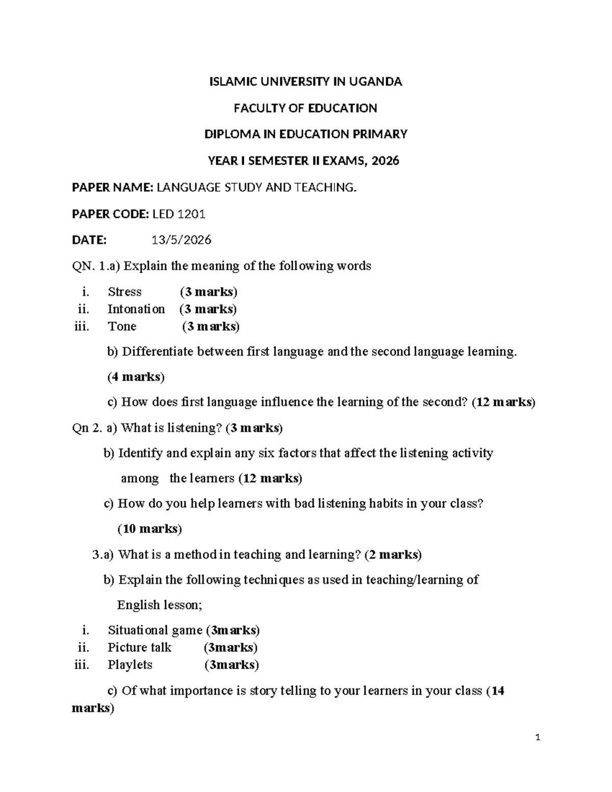 LED 1201 Language Study & Teaching Exam - Year I, Sem II 2026 - Studocu