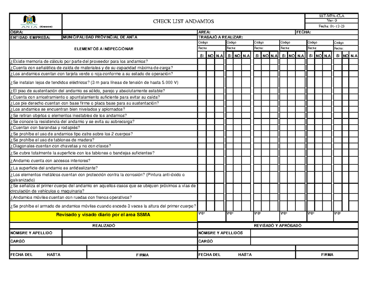 SST-MPA-CLA - Check List Andamios - OBRA: ENTIDAD /EMPRESA: Codigo Fecha: SI NO N SI NO N SI NO ...