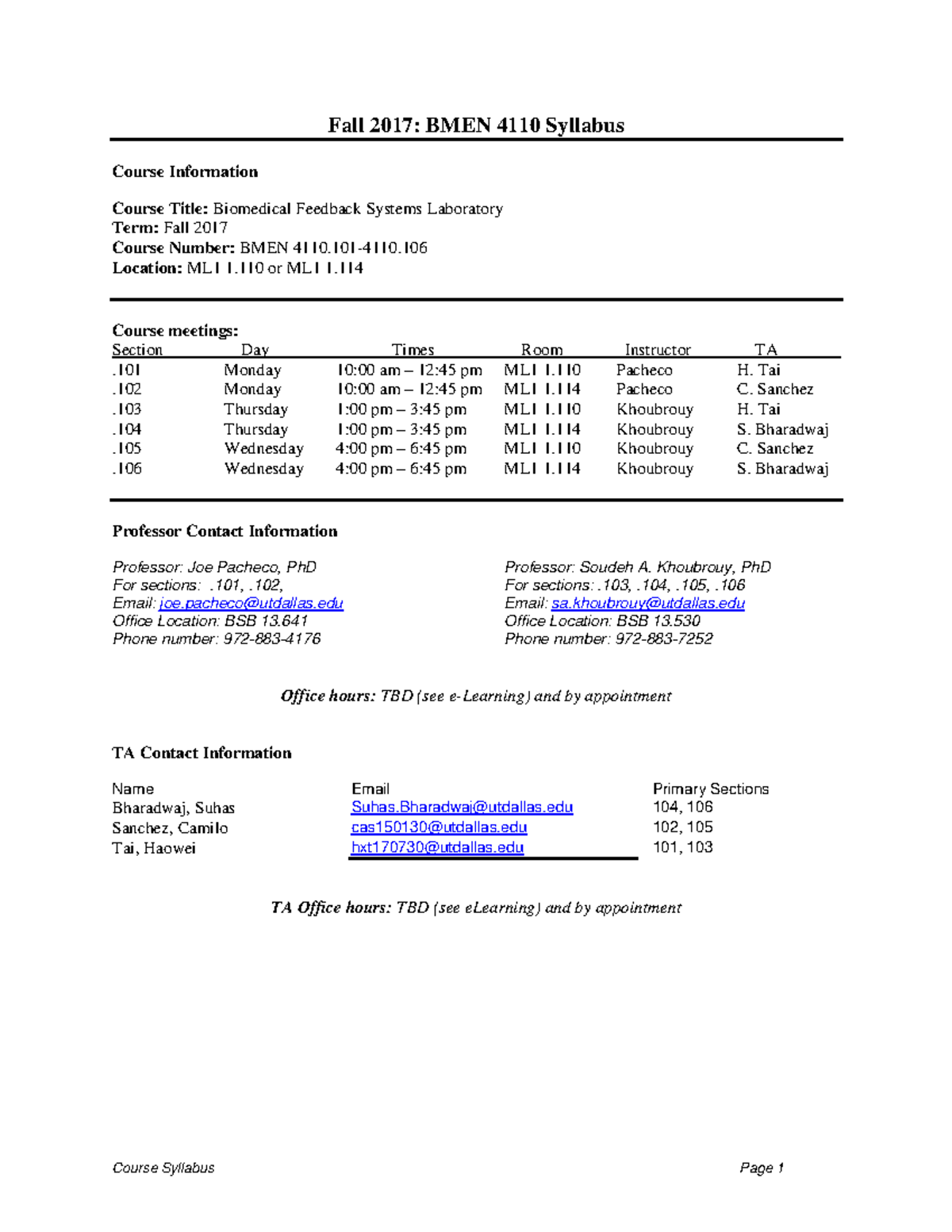 Syllabus 4110 Fall2017 - Course Syllabus Page 1 Fall 2017: BMEN 4110 ...