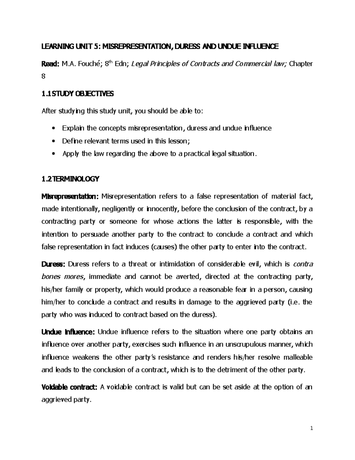 Learning Unit 5: Legal Concepts of Misrepresentation, Duress & Undue ...