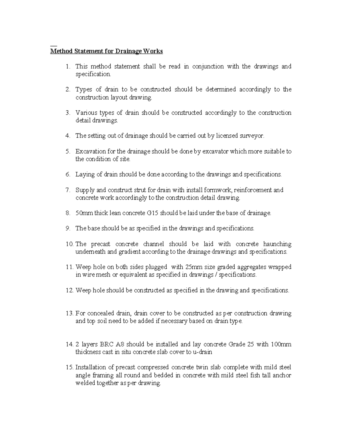 MOS - Method Statement for Drainage Works 5b - Studocu