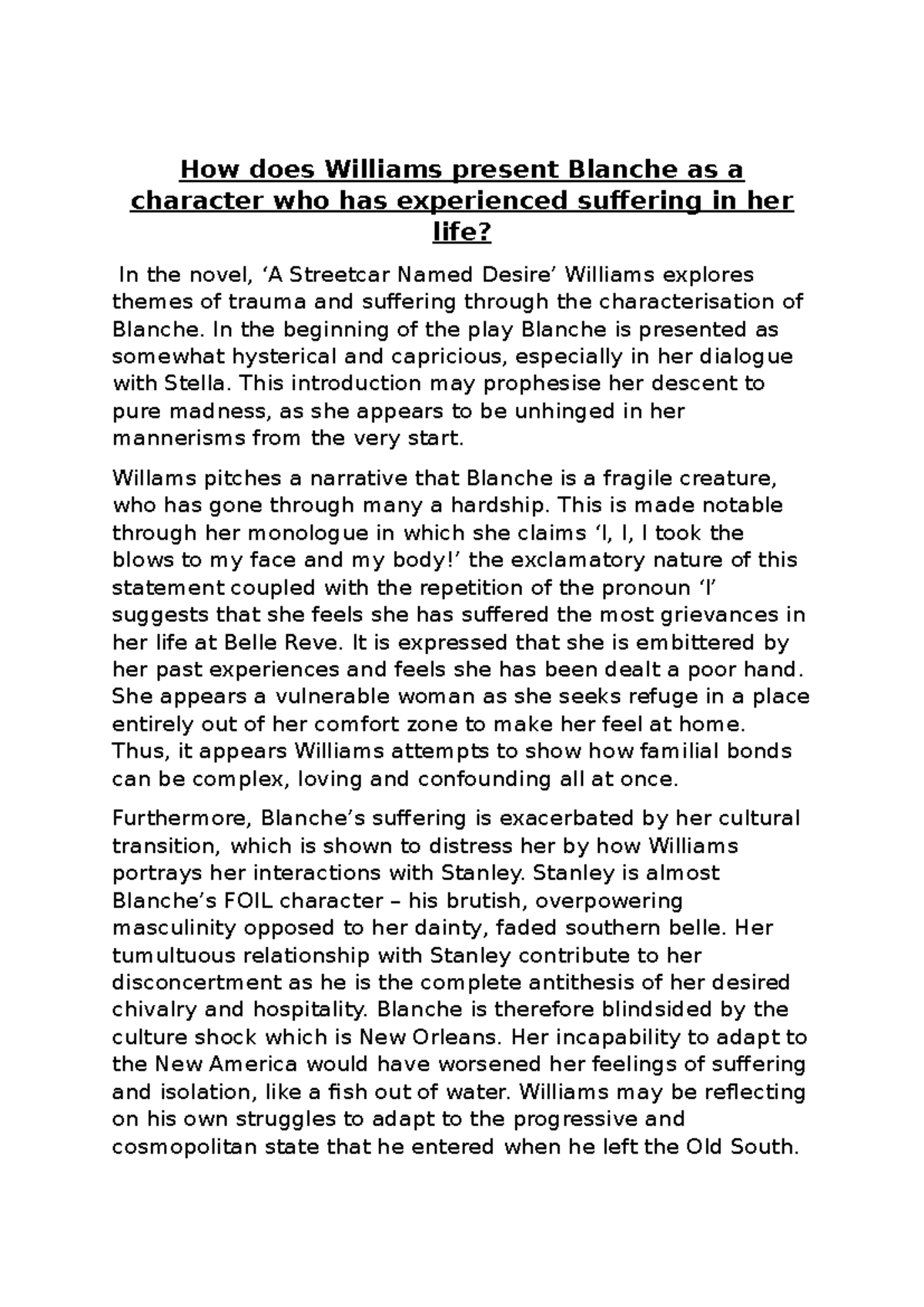 Blanche's Suffering: Characterization in A Streetcar Named Desire Essay ...