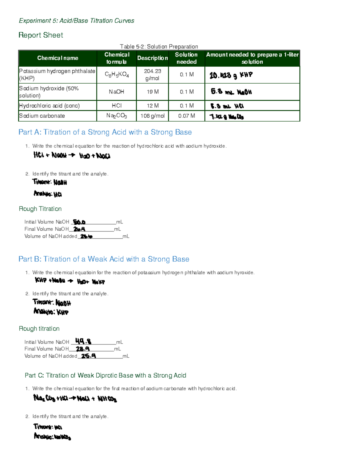 Titration Curves Lab Report - Experiment 5: Acid/Base Titration Curves ...