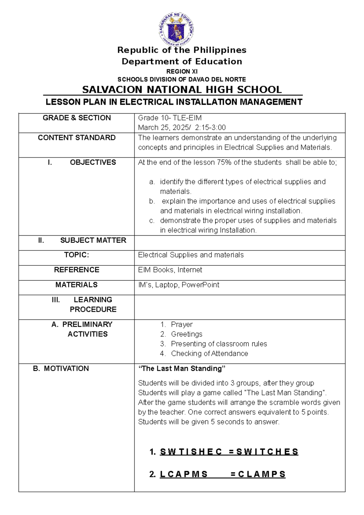 EIM 101 Lesson Plan: Electrical Supplies & Materials for Grade 10 - Studocu