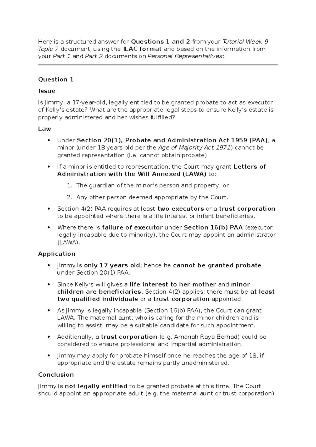 Tuto Week 9 Topic 7: ILAC Analysis for Probate Issues and ...