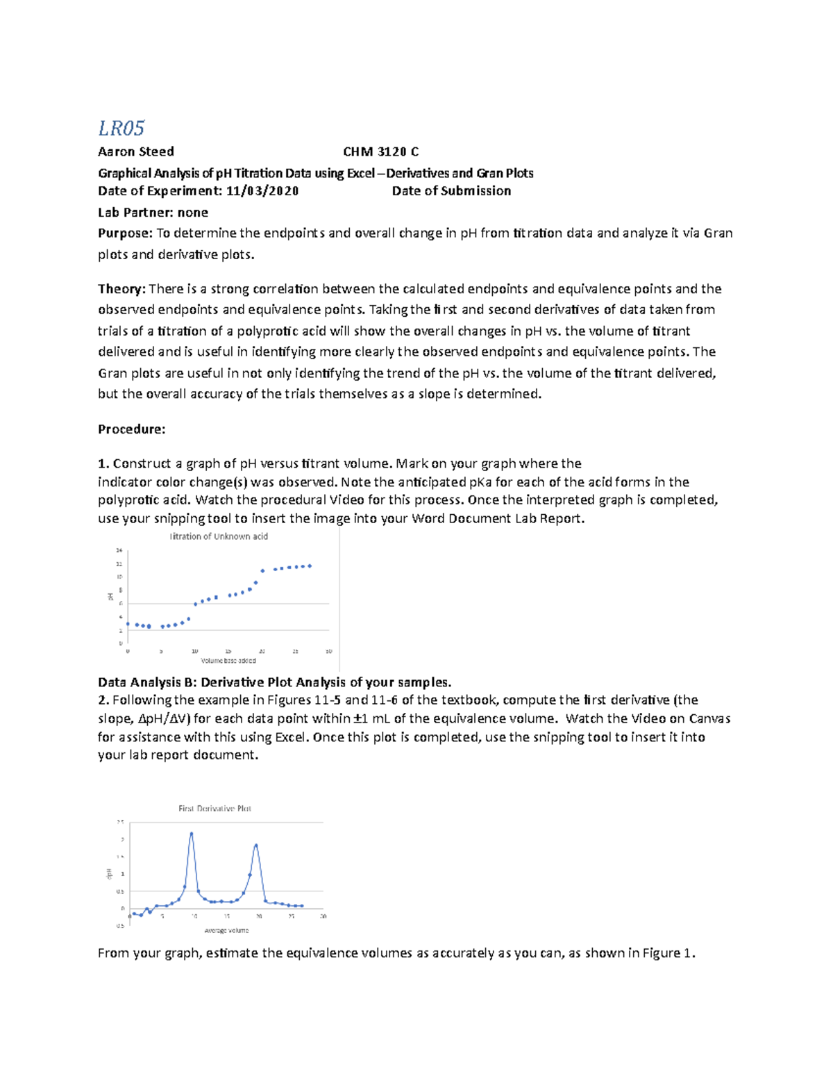 LR05 - Lab Experiment on Derivatives and Gran Plots in Titration - Studocu