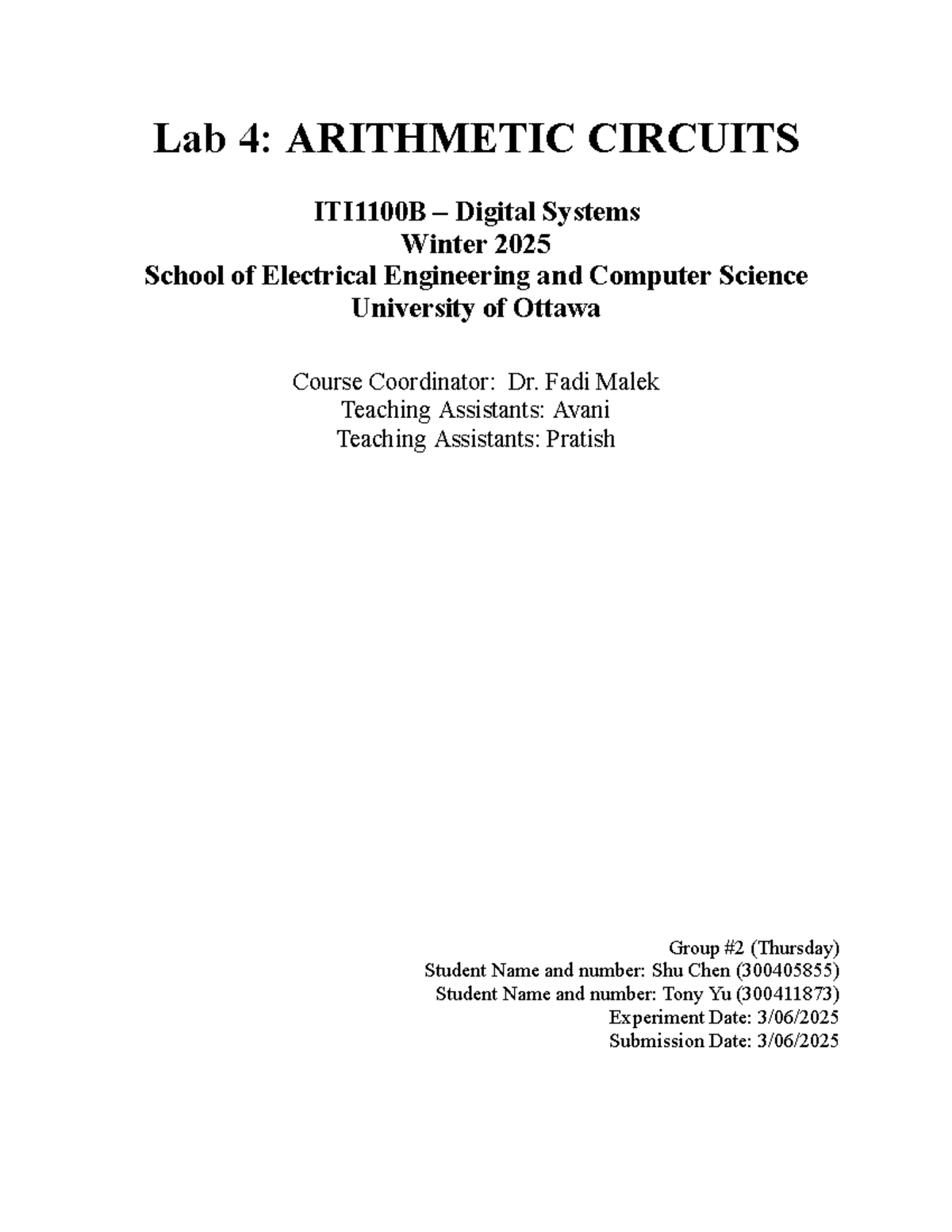 Lab 4 - Lab 4 - Lab 4: ARITHMETIC CIRCUITS ITI1100B – Digital Systems ...