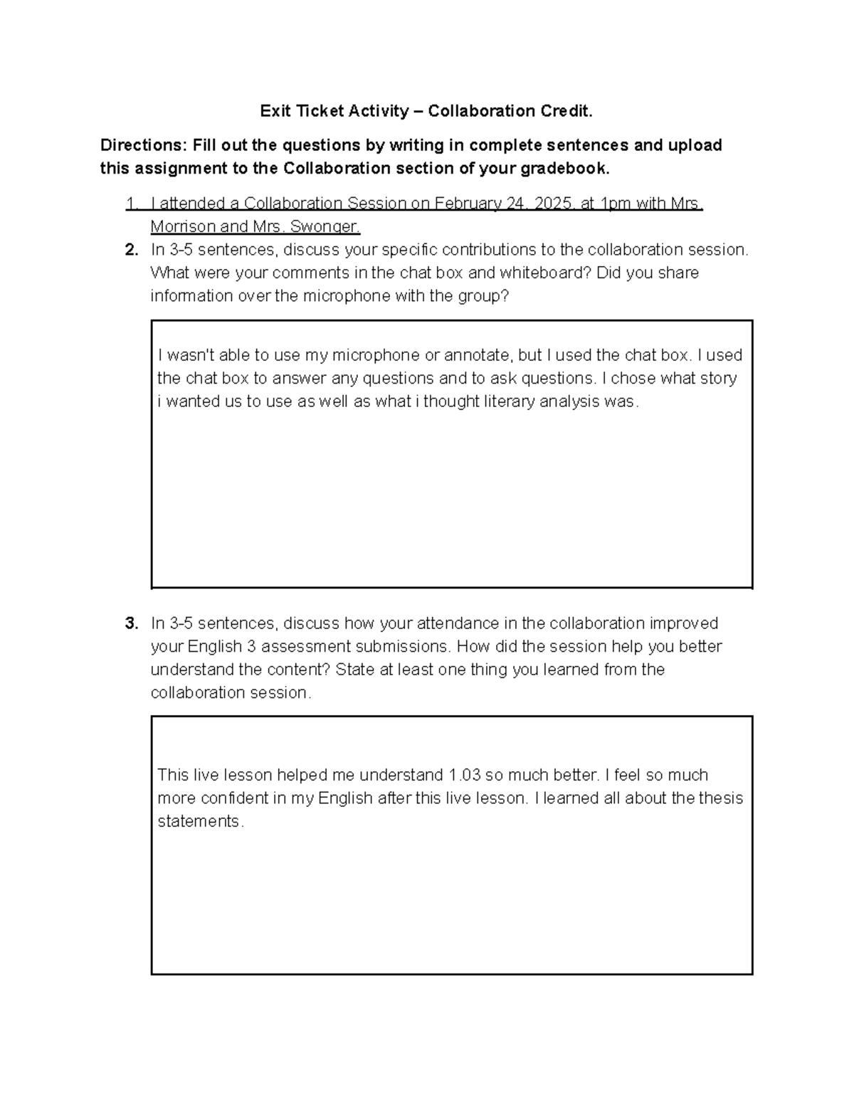 English 3 Exit Ticket Activity – Collaboration Reflection - Studocu