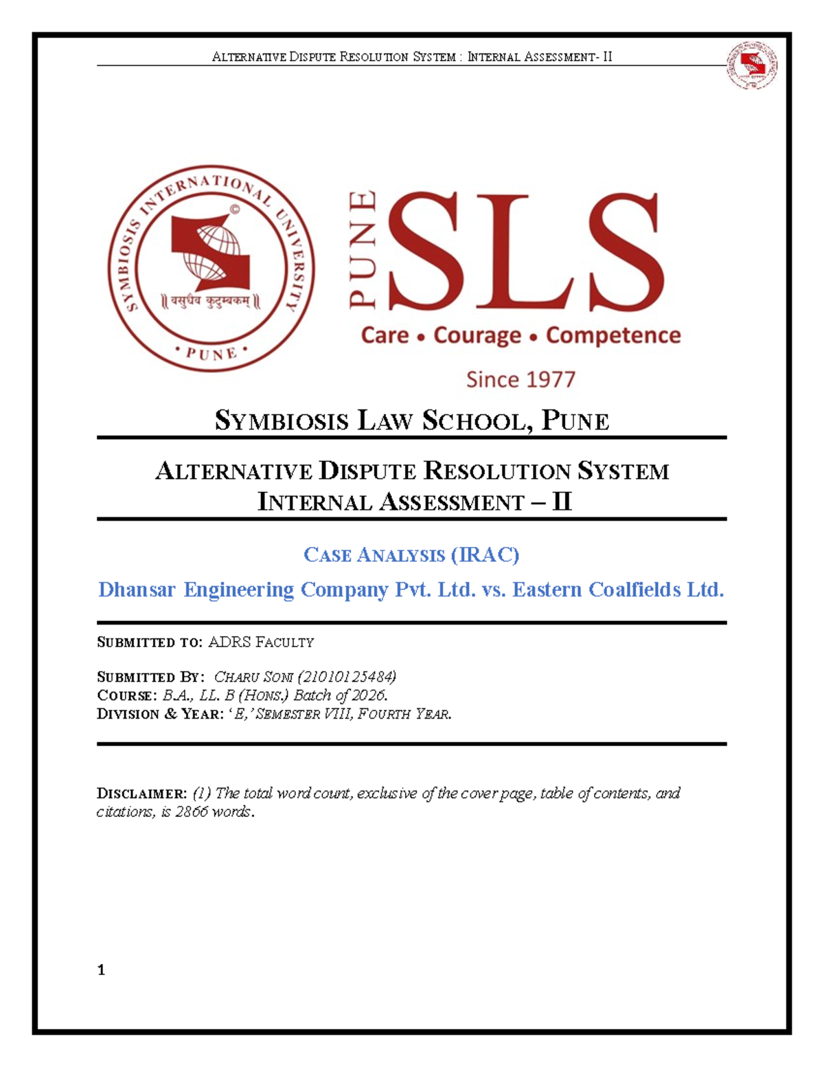 ADRS Internal Assessment II: Case Analysis of Dhansar Engg. Co. vs ...