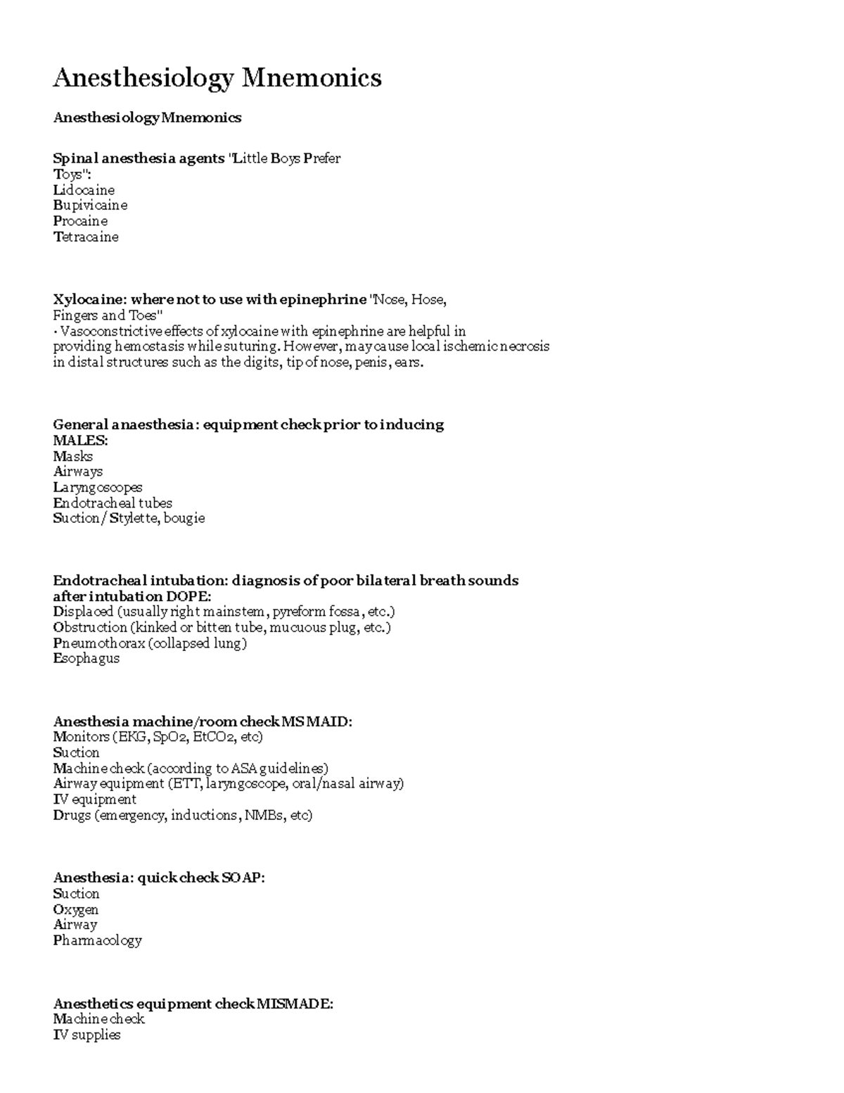 Anesthesiology Mnemonics: Quick Reference Guide for Exams - Studocu