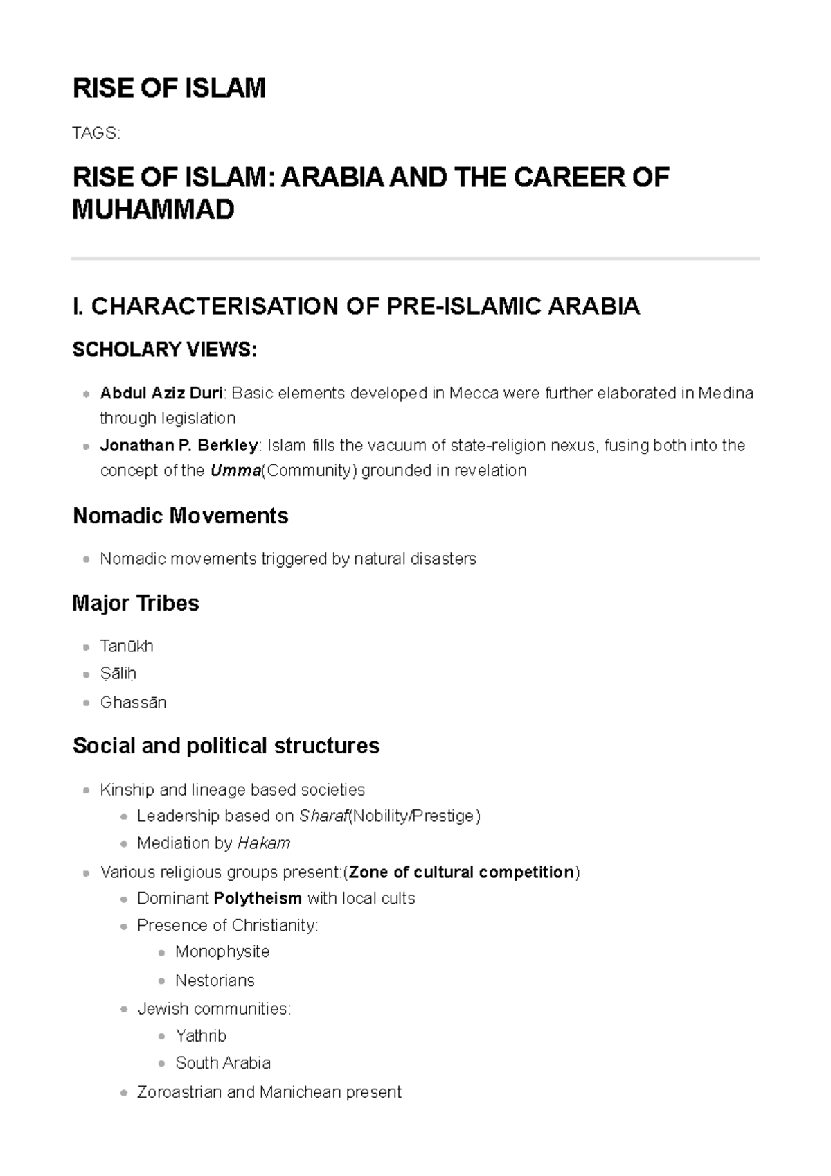 RISE OF ISLAM: SOFO Notes for Semester 2 Analysis - Studocu
