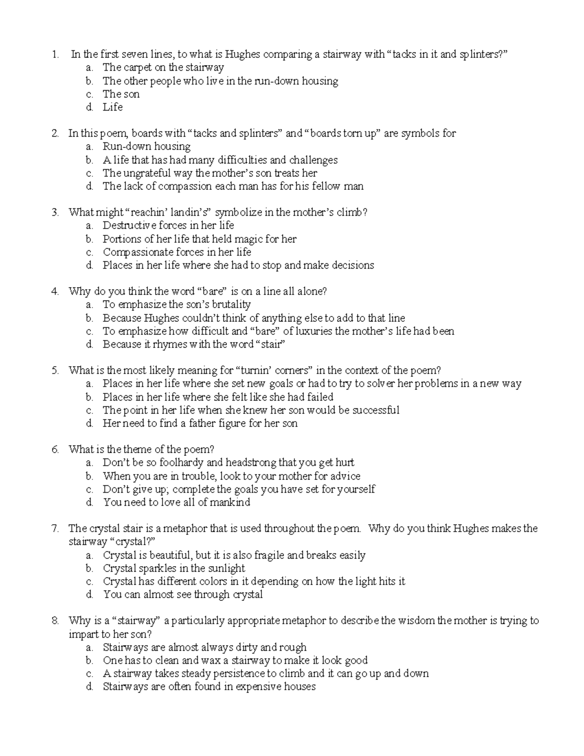 Hughes Mother to son - multiple choice - In the first seven lines, to ...
