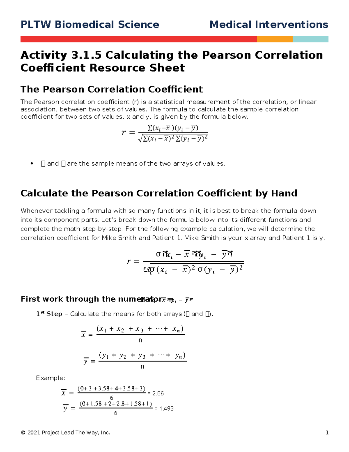 MI 315 Final Exam Resource Sheet: Calculating the Pearson Correlation ...