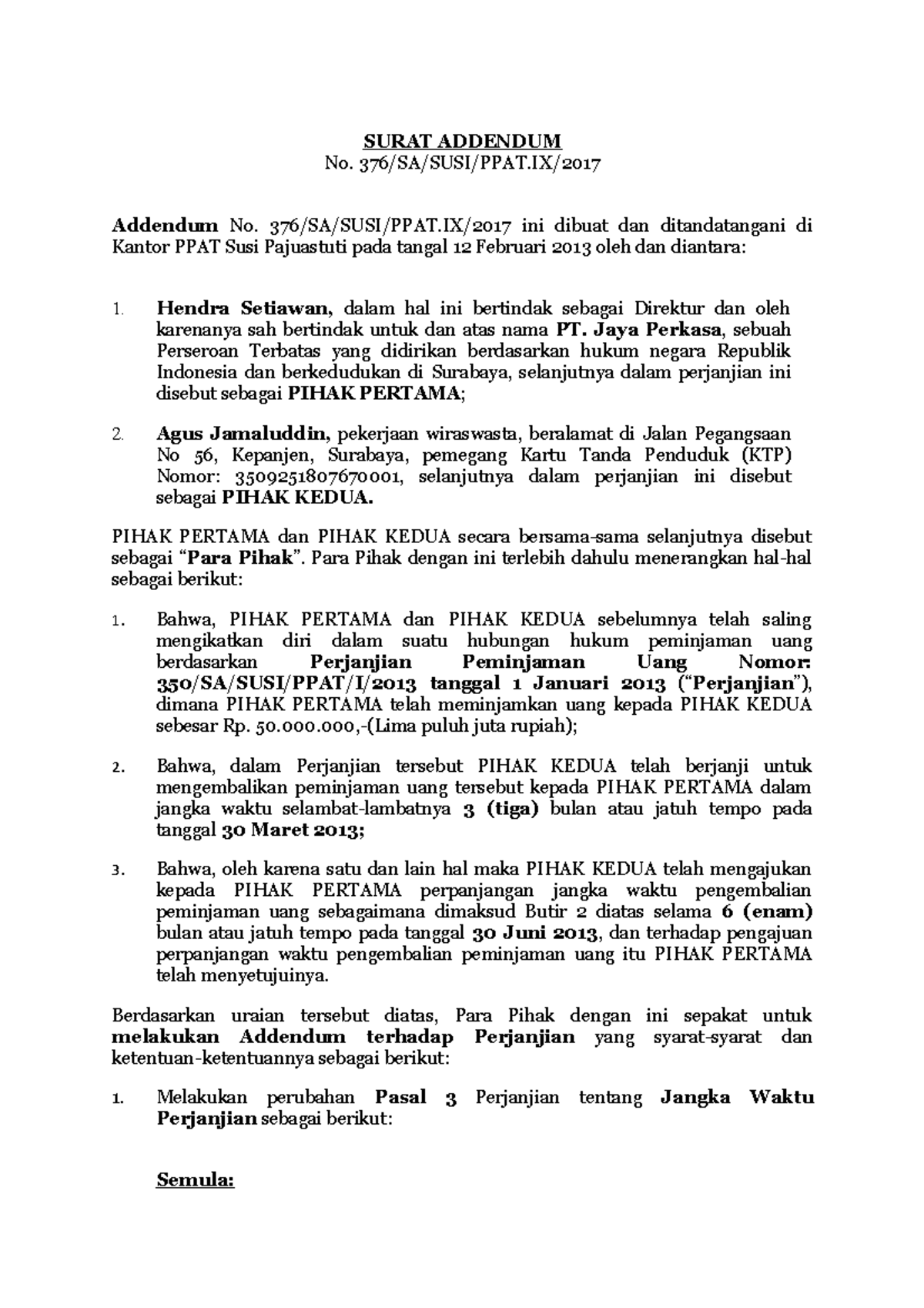 Contoh Addendum Perpanjangan Waktu Kontrak No. 376/SA/SUSI/PPAT - Studocu