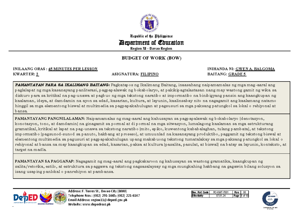 Matatag BOW: Filipino Grade 5 Quarter 2 Lesson Plan - Studocu