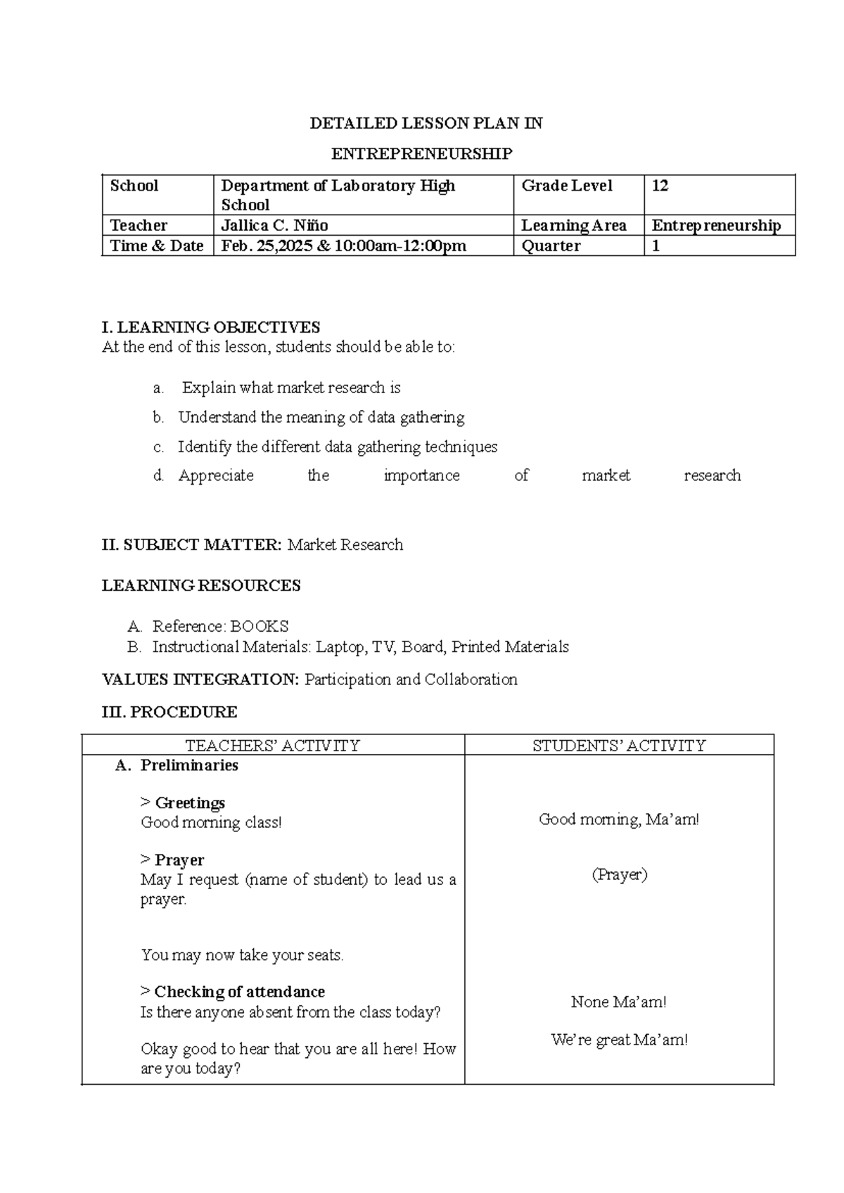 Entrep-12(M-4) Final Lesson Plan on Market Research by J. Niño - Studocu
