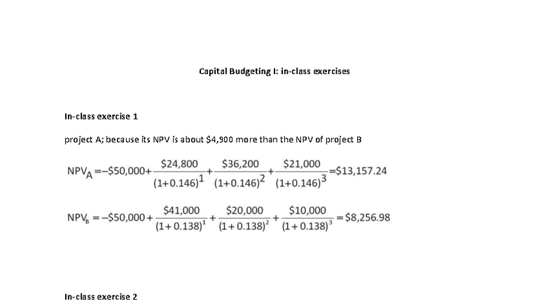 Capital Budgeting I: In-Class Exercises and NPV Analysis - Studocu