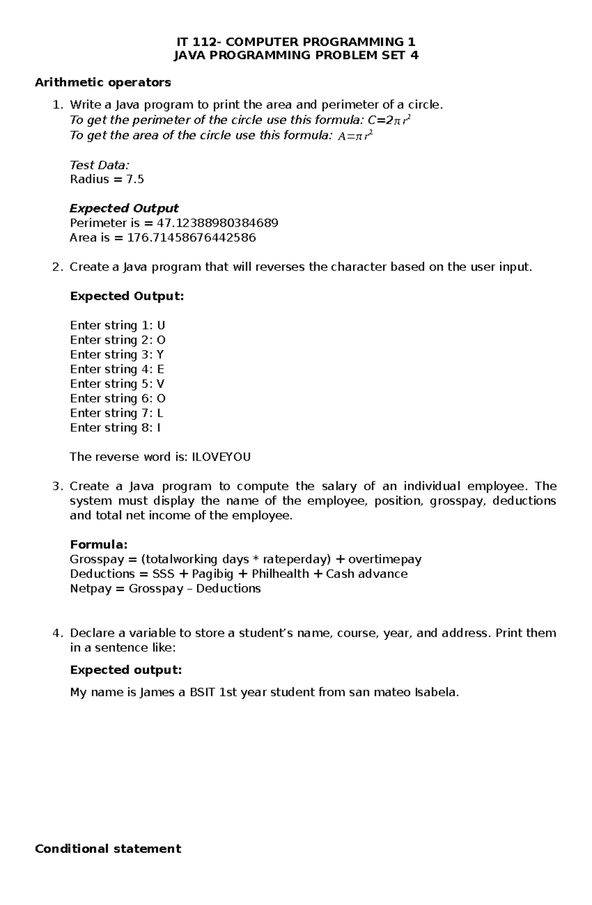 IT COMPUTER PROGRAMMING 1 JAVA PROGRAMMING PROBLEM SET 4 Solutions ...