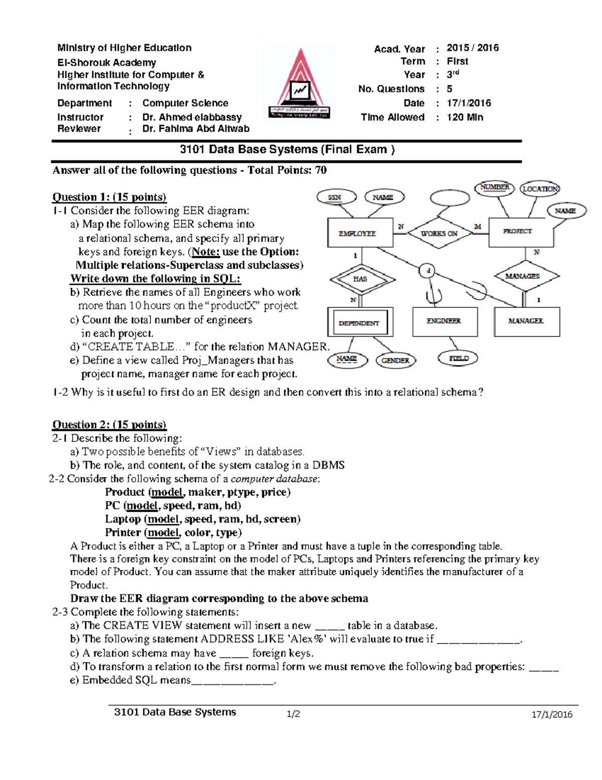 DBS2015-2016-F2 - DBS2015-2016-F2 - 3101 Data Base Systems 1/2 17/1 ...