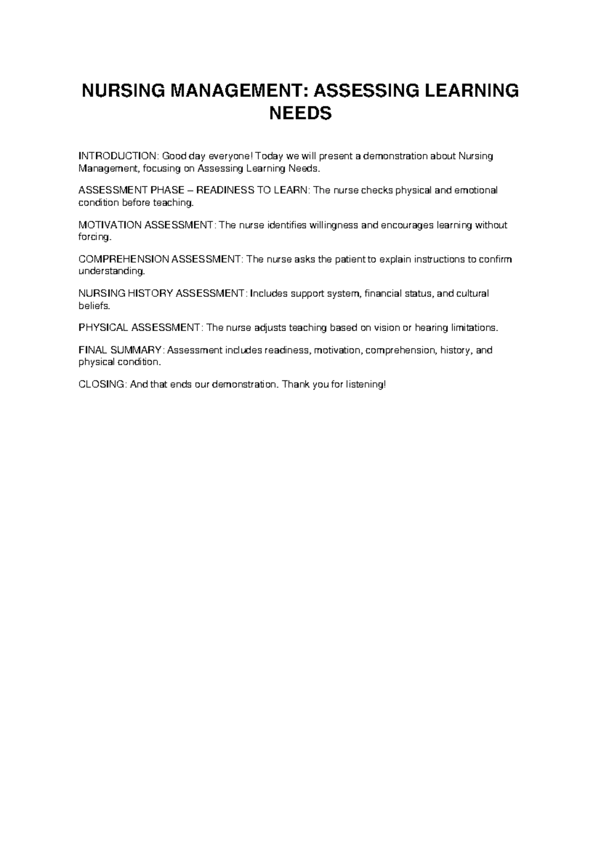 NURS 101: Nursing Management - Assessing Learning Needs Presentation ...