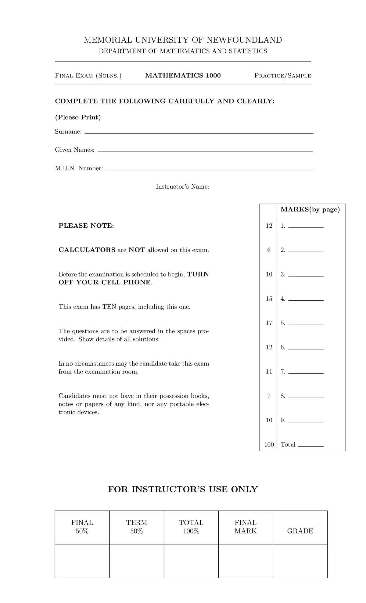 Math 1000 F24 - Final Exam Practice Questions and Solutions - Studocu