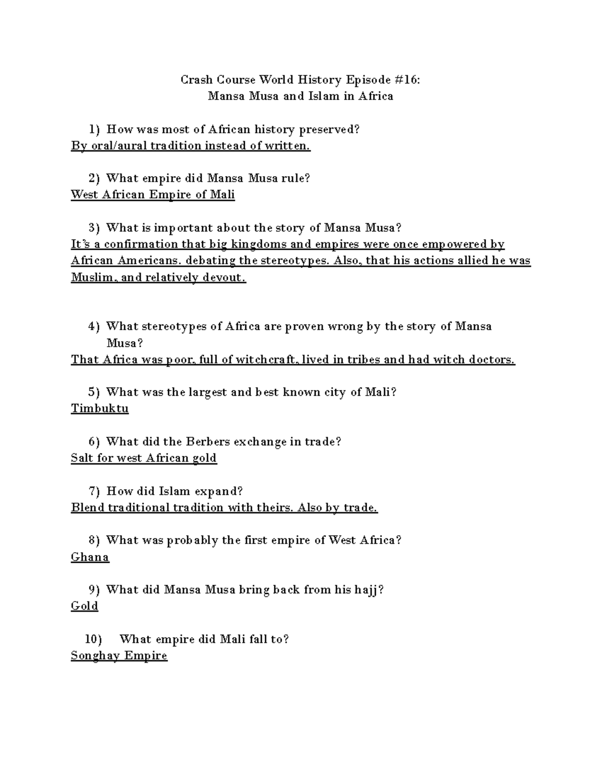 Crash Course: Mansa Musa & Islam in Africa (World History) - Studocu